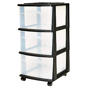 Homz Plastic 3 Clear Drawer Medium Home Organization Storage Container with 3 Large Drawers w/Removeable Wheels, Black Frame