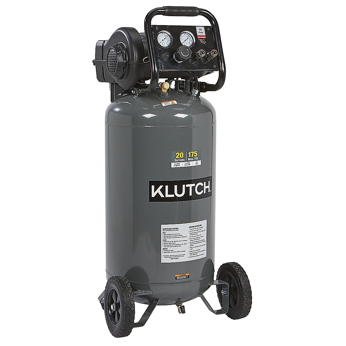 Klutch Portable Air Compressor, Workshop Air Compressor With Oil-Less Pump, 2 HP Motor, Thermal Overload Protection, Rubber Foot Stabilizers, 20 Gallon Garage Air Compressor