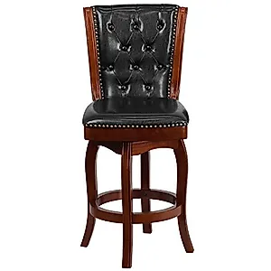 Flash Furniture 26'' High Cherry Wood Counter Height Stool with Button Tufted Back and Black LeatherSoft Swivel Seat