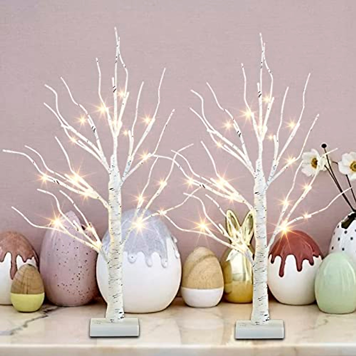 EAMBRITE Lighted Birch Tree for Easter Day Decor, Set of 2 Easter Tree Indoor, Battery Operated Artificial Tree with Lights, Christmas Easter Tree Decorations for Home (2FT / Warm White)