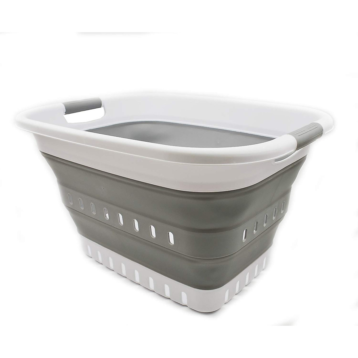 SAMMART 37L (9.77 gallon) Collapsible Plastic Laundry Basket - Foldable Pop Up Storage Container/Organizer - Space Saving Hamper/Basket (1, White/Grey)