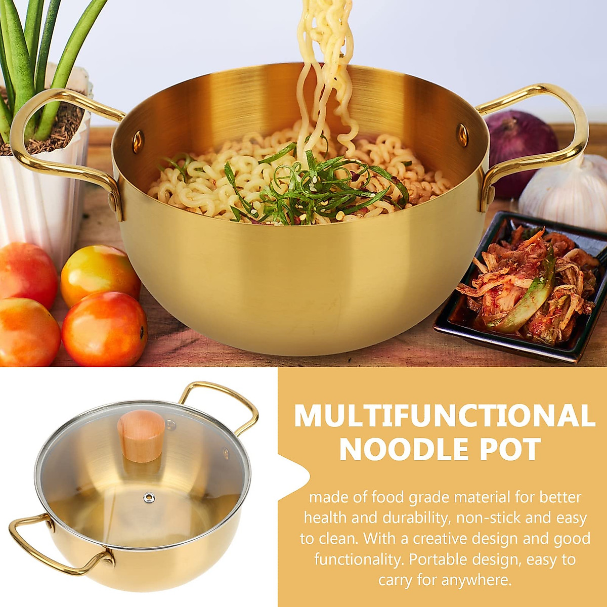 YARDWE 1 Set Ramen Pot Double Handle Milk Pot Instant Cooker Butter Melting Pot Hot Pot Korean Ramen Soup Pot with Lid Noodle Cooking Pot Stainless Steel Outdoor Casserole