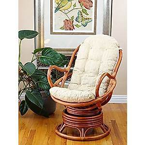 Lounge Swivel Rocking Java Chair Natural Handmade Rattan Wicker with Cream Cushion, Cognac