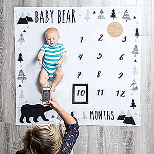 Pondering Pine Organic Baby Monthly Milestone Blanket Boy - Baby Bear Blanket Months with Frame and Newborn Announcement Disc - Baby Boy Age Blanket for 1-12 Month Milestones, 47”x47”