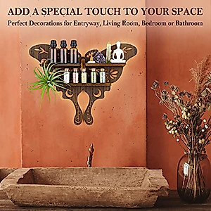 Luna Moth Crystal Shelf Display, Boho Pine Wood Wall Floating Shelves with Light for Gem Stone Essential Oil Storage, Bohemian Wooden Butterfly Hanging Witch Home Rustic Decor Holder for Bedroom Altar