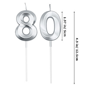 Silver 80th Birthday Candles for Cakes, Number 80 Candle Cake Cupcake Topper for Birthday Anniversary Party Decoration