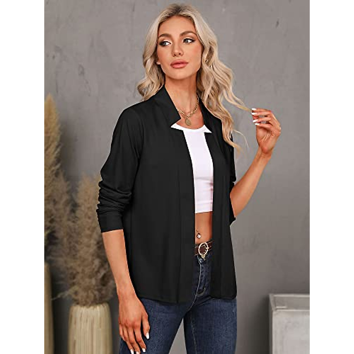 RMCMS Womens Blazer Cropped Open Front Dress Jacket Lightweight Stand Collar Casual Office Suit Jacket Black