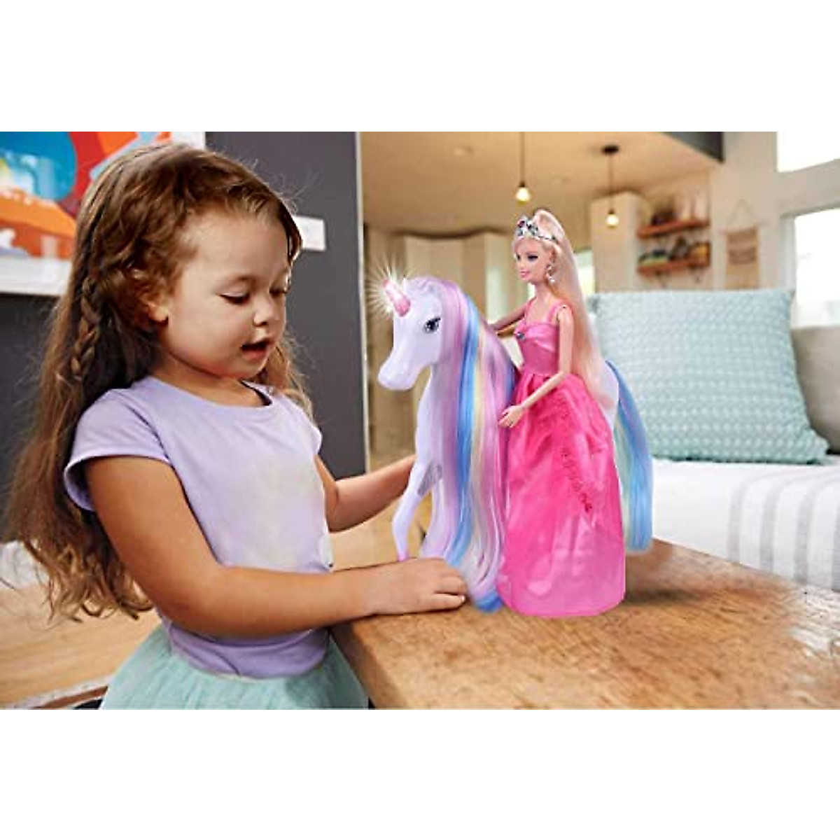 White Unicorn with Magic Light Horn and Fairy Tale Princess Doll 11.5“, W/Comb and Crystal Crown, Girls' Unicorn Doll Toys Gifts, Presents for Girl Kids Aged 3+