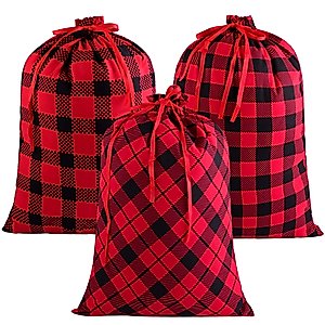 Aneco 3 Pack Christmas Cotton Buffalo Plaid Xmas Bags 23 by 17.5 Inches Large Size Drawstring Bag Stocking Storage Sack Present Party Favors Bags