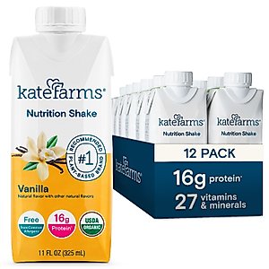 KATE FARMS Organic Plant Based Nutrition Shake, Vanilla, 16g protein, 27 Vitamins and Minerals, Meal Replacement, Protein Shake, Gluten Free, Non-GMO, 11 oz (12 Pack)