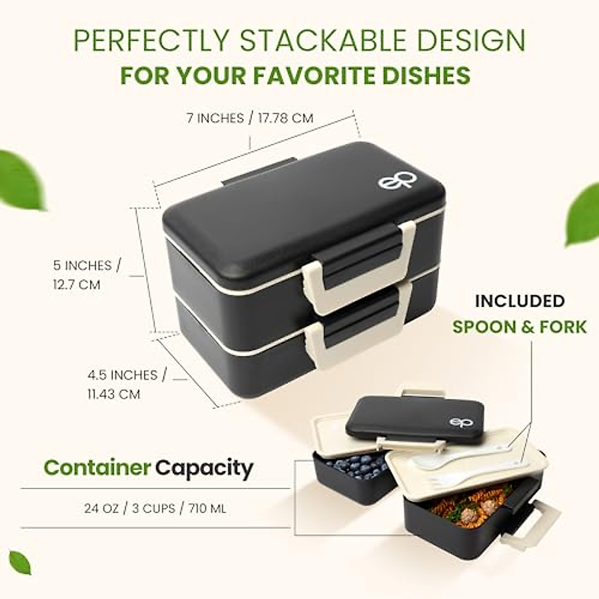 Adult Bento Box Lunch Box with Containers & Utensils - Leak Proof Bento Lunch Box for Adults - 2-Compartments w/ Handles, Sturdy, BPA-Free, Indoor, Outdoor, Gym, 5" x 7" x 4.5", Black Food Container