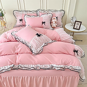 IHOUSTRIY Pink Duvet Cover Queen Size, Ruffle Beddding Set with Bowtie, 3 Pieces Comforter Cover Set with Zipper Closure, Girl Bedding with Pillowcase - Light Pink, Queen