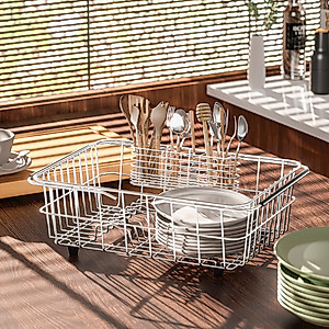 NiuYichee 304 Stainless Steel Utensil Holder, Dish Drying Rack, Kitchen Utensil Organizer, Knife and Fork Drainage Rack, Kitchen Drainage Basket Accessories, with Hooks, Rust Proof, Color-Silver