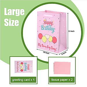 RNORRI Pink Gift Bag Large, Birthday Gift Bag For Girl, Happy Birthday Bag With Handles, Pink Birthday Bag For Girl, Party, Birthday, Baby Shower, Woman - 10x13x5 Inch