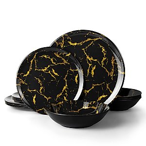 Melamine Dinnerware Sets - 12 pcs Melamine Plates Indoor and Outdoor use Black Marble Plates and Bowls Dinnerware Sets Camping Dish Set for 4 Dishwasher Safe(Sahara Gold)