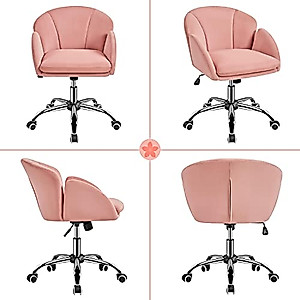 Yaheetech Cute Velvet Desk Chair for Home Office, Makeup Vanity Chair with Armrests for Bedroom Modern Swivel Rolling Chair for Women Pink