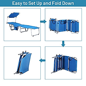 Giantex Outdoor Folding Chaise Lounge, Portable Tanning Chair with 5 Adjustable Positions, 360°Rotatable Canopy Shade, Storage Pocket, Patio Lounge Chair for Beach, Lawn Sunbathing Chair (2, Navy)