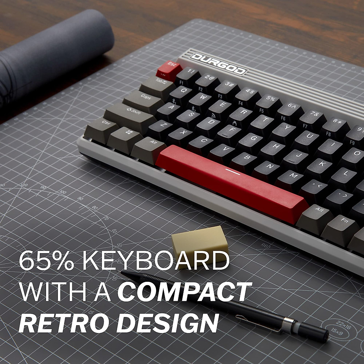 DURGOD Fusion Mechanical Retro Keyboard | 65% Layout | Wireless 2.4 GHz, Bluetooth 5.0, USB C | Doubleshot PBT | Up to 40 Days Battery Life | Windows, Android, iOS (Cherry MX Brown, Steam)