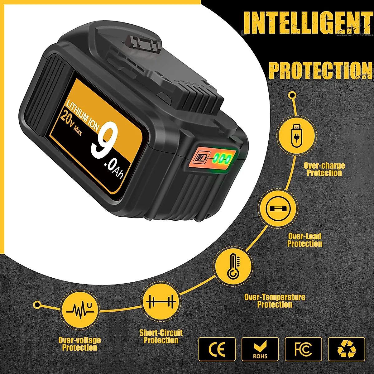 liangjia 2 Packs Upgraded 9.0Ah 20V Max Lithium-ion Replacement Battery Compatible with De-Walt DCB200 Series Cordless Power Tools