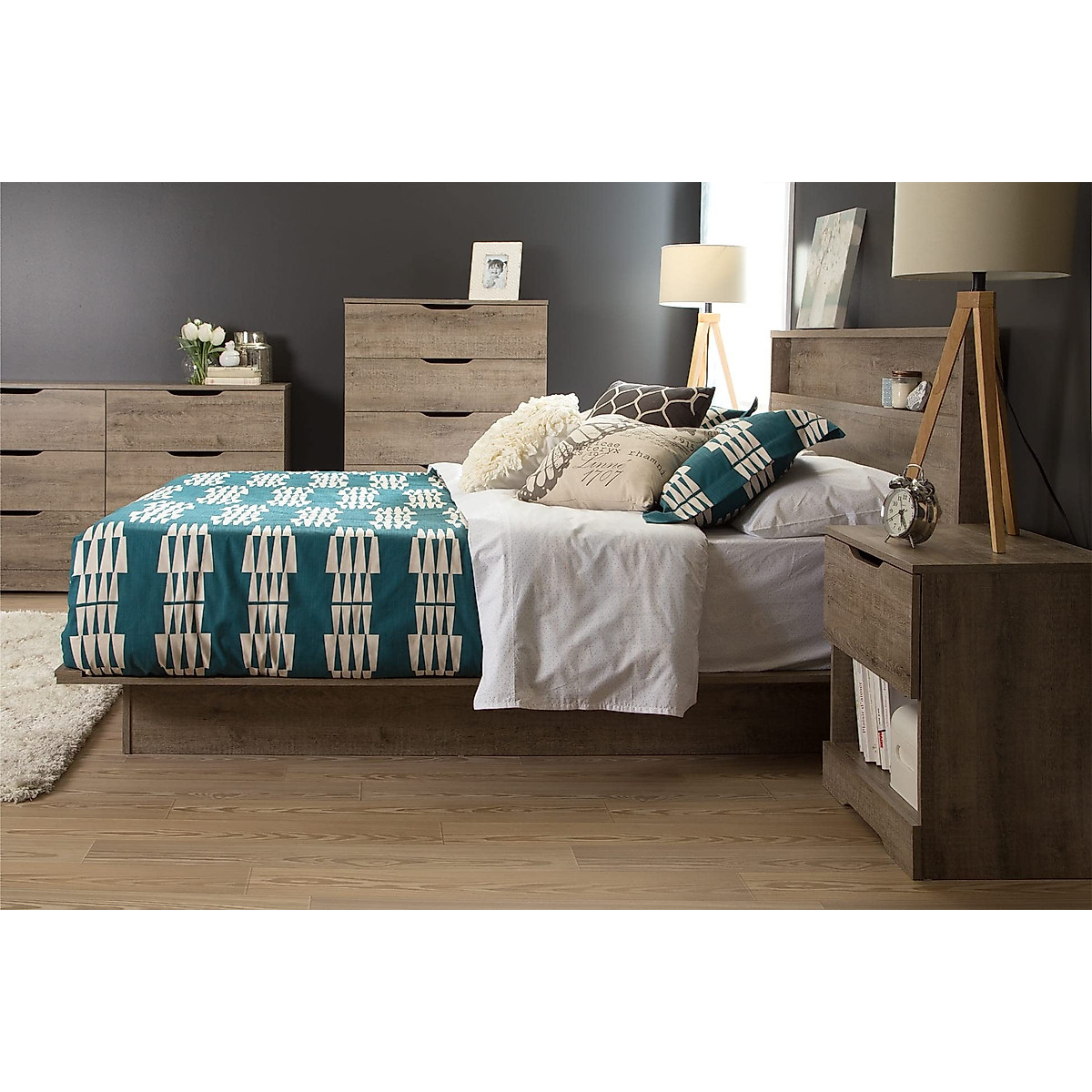 South Shore Holland Platform Bed with Drawer, Queen, Weathered Oak