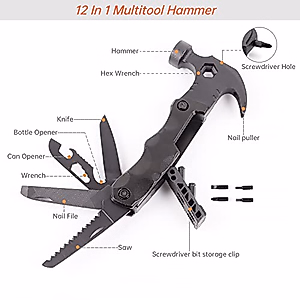 12 in 1 Hammer Multitool with Safety Lock, Camping Accessories Survival Gear,Cool Gadgets for Outdoor Fishing Hiking Anniversary Birthday Christmas Stocking Stuffers Gifts for Men Dad Boyfriend