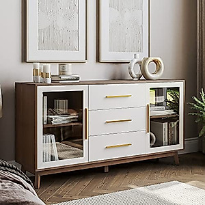 BELLEZE Sideboard Buffet Cabinet with 3 Drawers & 2 Doors, Console Table for Kitchen Glass Storage Cabinet Coffee Bar Accent Cabinet for Living Room Dining Room Hallway, White