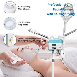 FLOLXNB Facial Steamer, Professional 3 in 1 Cool/Hot Mist Facial Steamer with 8X Magnifying LED Lamp, Face Steamer On Wheels for Salon Spa Beauty Skin Care