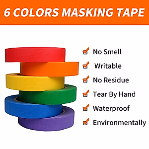 Clickslock Colored Masking Tape, 6 Rolls Painters Tape 1" x 55yd, Colorful Craft Tape, Rainbow Labeling Tape for Arts Crafts DIY, Decorative Paper Tape for Kids