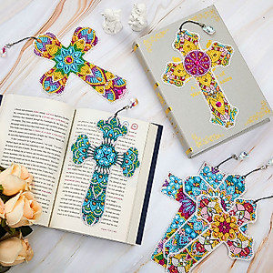 Ireer 6 Pcs Cross 5D Diamond Art Kit for Kids Adult DIY Painting Kit Religious Crystal Cross Diamond Bookmarks for Reading Lover Home Office School Project Read DIY Crafts Gifts, 6 Styles