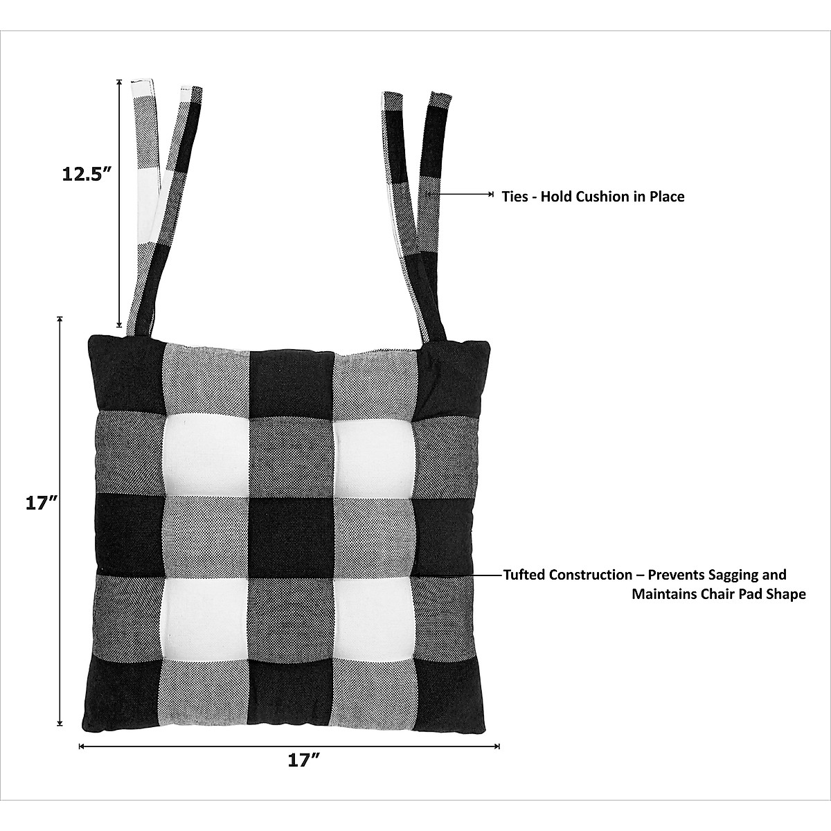 COTTON CRAFT Chair Cushion Pads - Set of 4 - Buffalo Gingham Check - Dining Kitchen Office Chair Seat Cushion with Ties - Durable Cotton Fabric - Thick Comfy Poly Fill - Indoor Use - 17x17 in – Black