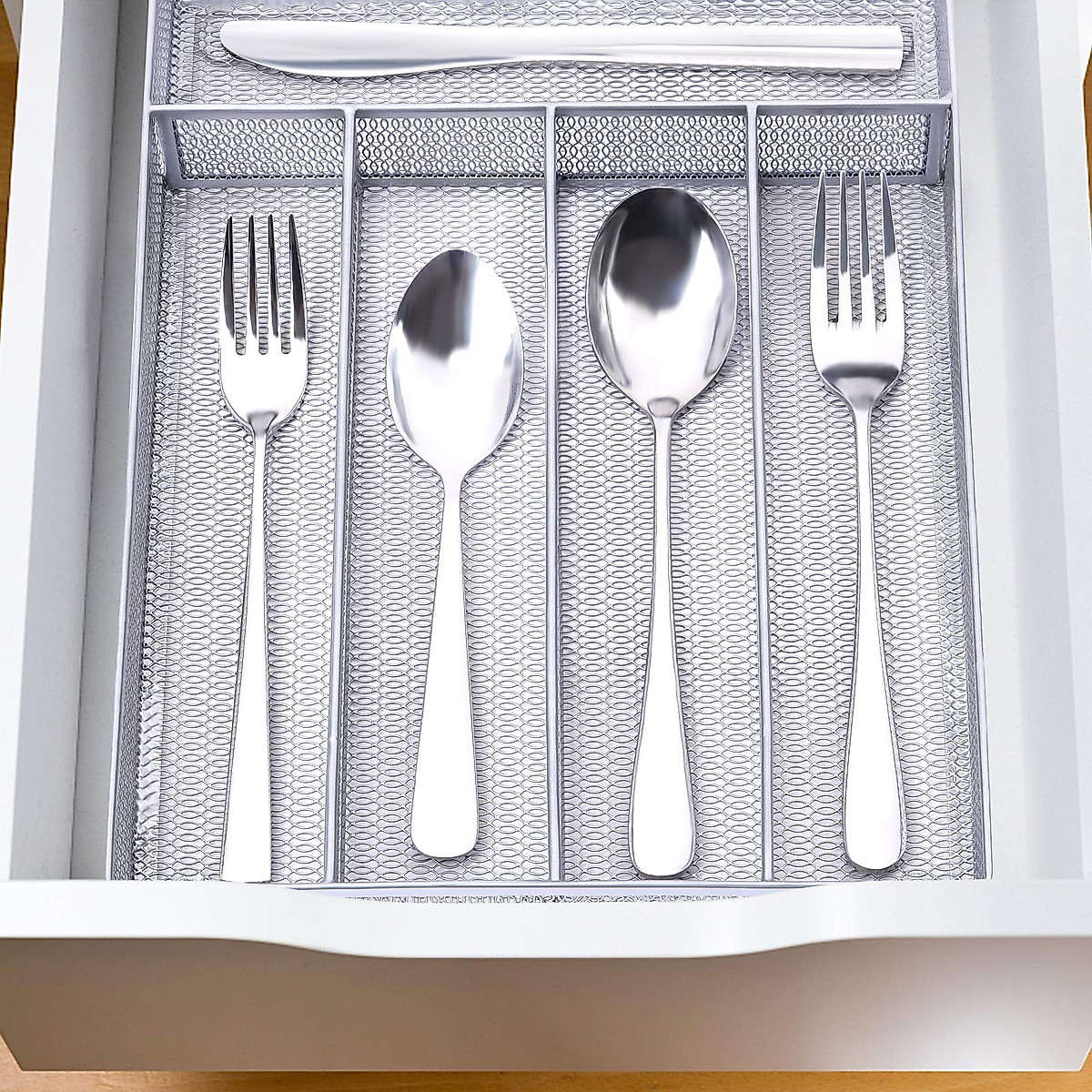 Flatware Organizers 5 Compartments, Metal Mesh Kitchen Utensil Drawer Cutlery Tray with 4 Foam Feet, Silver