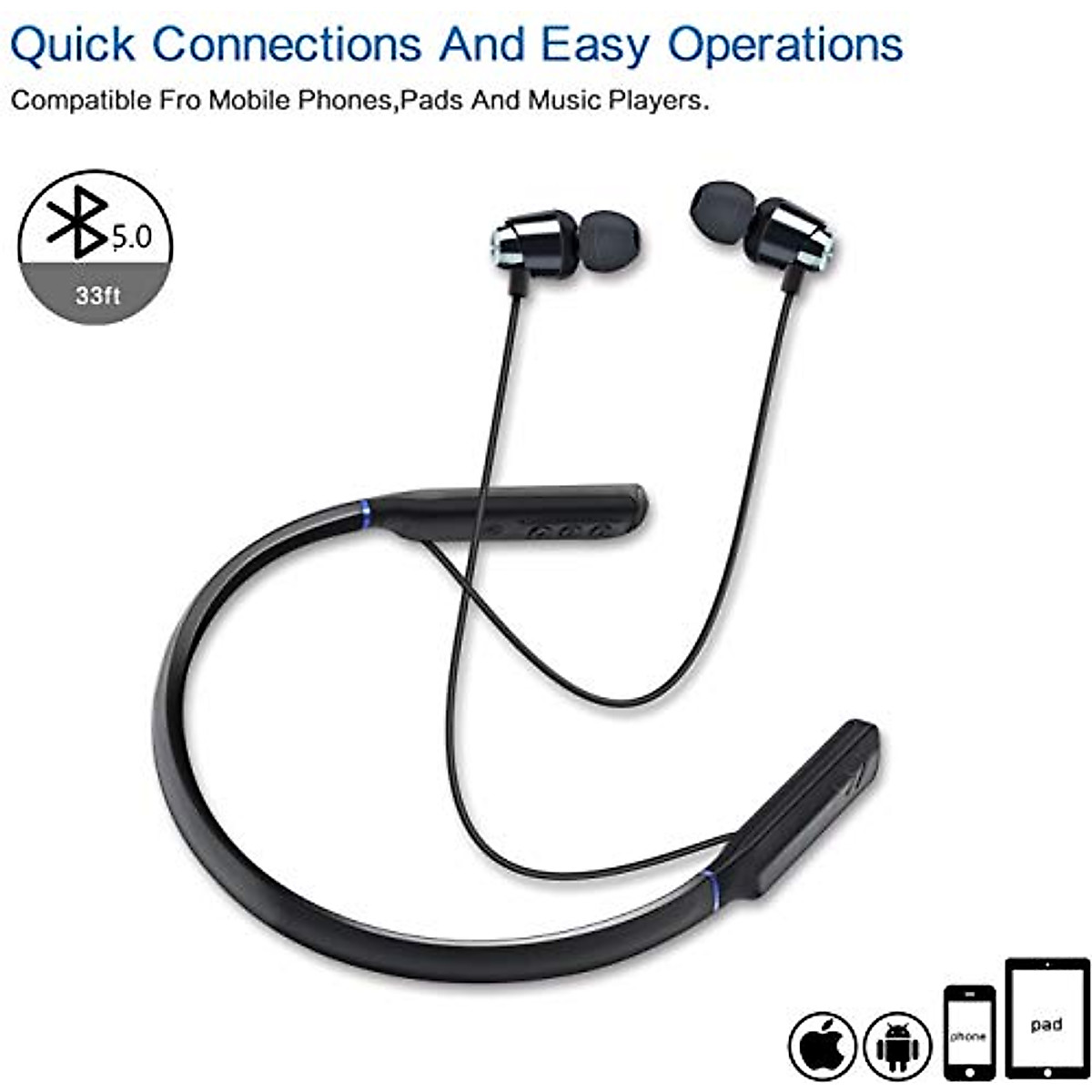 QT S Bluetooth Neckband Headphones HD Stereo V5.0 Wireless Neckband Headset Noise Cancelling Sweat/Waterproof Sports Earphones for Gym Workout Travel Business Earbuds Playtime 15 Hours