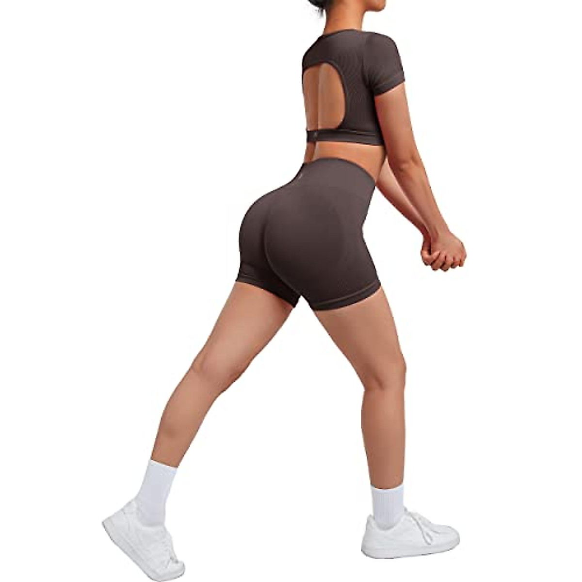 SUUKSESS Open Back Short Sleeve Scrunch Butt Booty Shorts Seamless Ribbed Workout Sets 2 Piece Outfits (#1 Dark Brown, M)