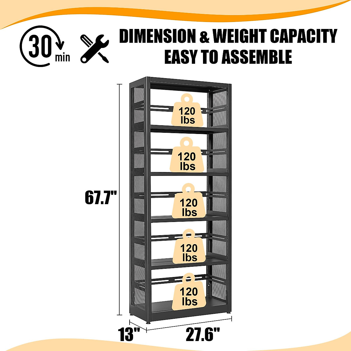 5 Tiers Bookshelf Tall Bookcase Shelf Storage Organizer Book Rack Utility Shelf Metal Shelf Adjustable Garage Shelving Organizer Rack for Kitchen Laundry Garage Bathroom Pantry Office 68" H*28"W*13"D
