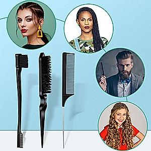 Geiserailie 3 Pcs Slick Back Hair Brush Set Bristle Brush Edge Control Teasing Comb for Women Black Hair(Black)