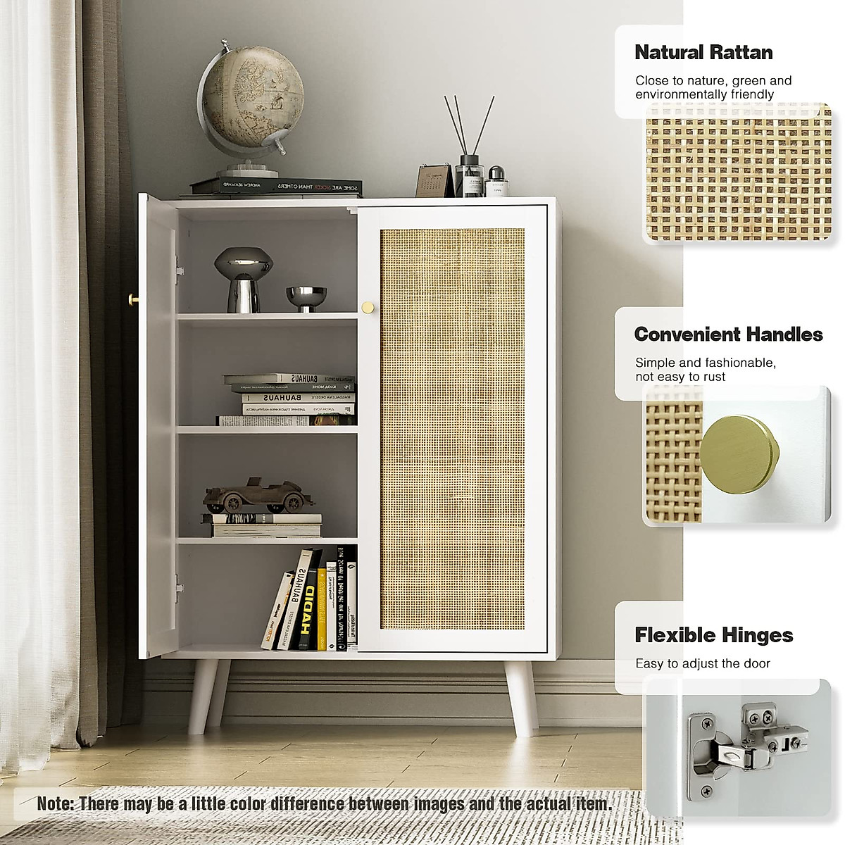 Anmytek Rattan Cabinet, 44" H Tall Sideboard Storage Cabinet with Crafted Rattan Front, Entryway Shoe Cabinet Wood 2 Door Accent Cabinet with Adjustable Shelves White, H0086