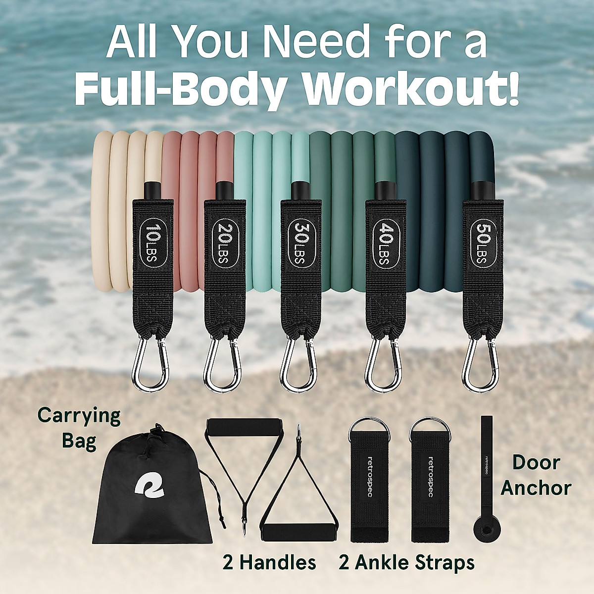 Retrospec Train Resistance Bands Set (5pc) Workout Bands w/Handles, Door Anchor, Carry Bag for Women & Men, Smoothie