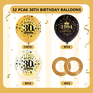 BEISHIDA 32pcs 1994 30th Birthday Balloons Gold and Black Party Decorations 12 Inch Latex and Confetti Balloon Printed with Happy Birthday for Women Men Birthday Party Decorations