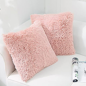 NordECO HOME Luxury Soft Faux Fur Fleece Cushion Cover Pillowcase Decorative Throw Pillows Covers, No Pillow Insert, 18" x 18" Inch, Pink, 2 Pack