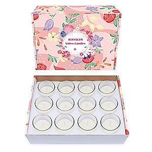 Set of 12 White Votive Candles, Clear Glass Filled Unscented Soy Wax Candle for Home Décor Weddings Spa Holidays Party and DIY