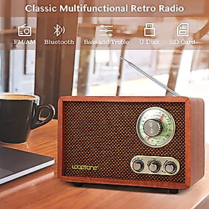 LoopTone USB SD Multifunction AM FM Vintage Radio with Bluetooth Speaker,Retro Wood Table Radio for Kitchen Living Room with Rotary Knob