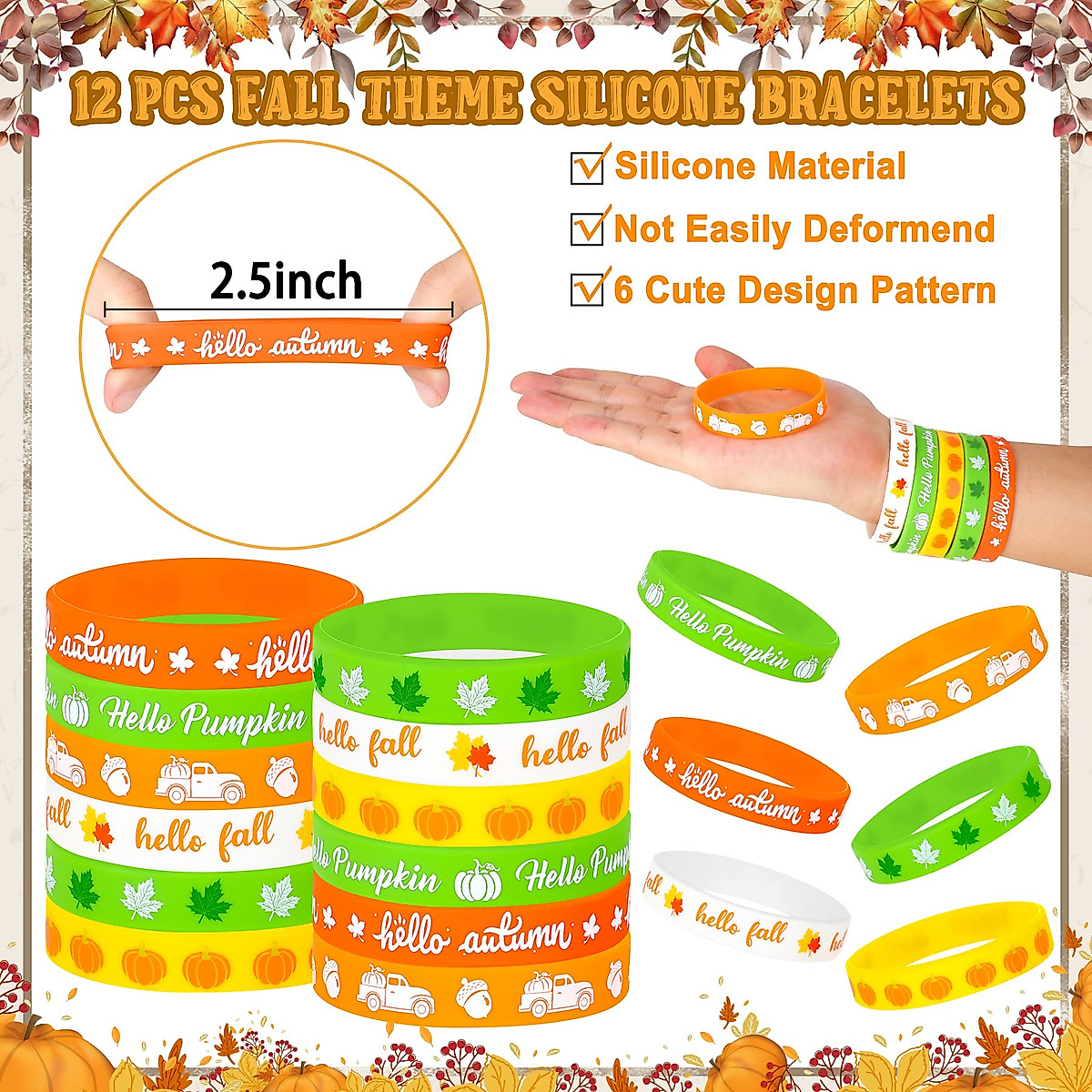 Erweicet Fall Party Favors 72 PCS Autumn Slap Bracelet DIY Stickers Plastic Straws Silicone Bracelets Tattoo Stickers Gift Bags for Kids Fall Harvest Party Classroom Rewards Goodie Bag Filler