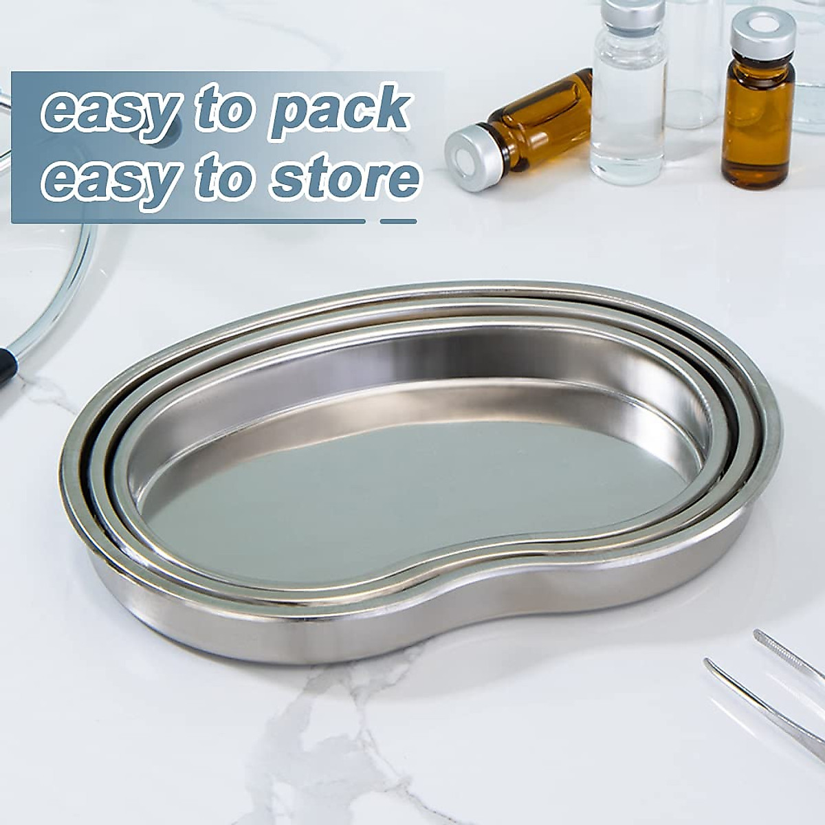 3Pcs Stainless Steel Kidney Tray, Graduated Metal Emesis Basin, Reusable Kidney Bean Shaped Bowl Dish, Dental Lab Instrument Surgical Tray for Medic Waster (Small, Medium, Large)