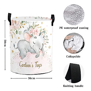 Personalized Laundry Basket, Pink Floral Elephant Custom Storage Bins Laundry Hamper with Name Collapsible Toys Organizer