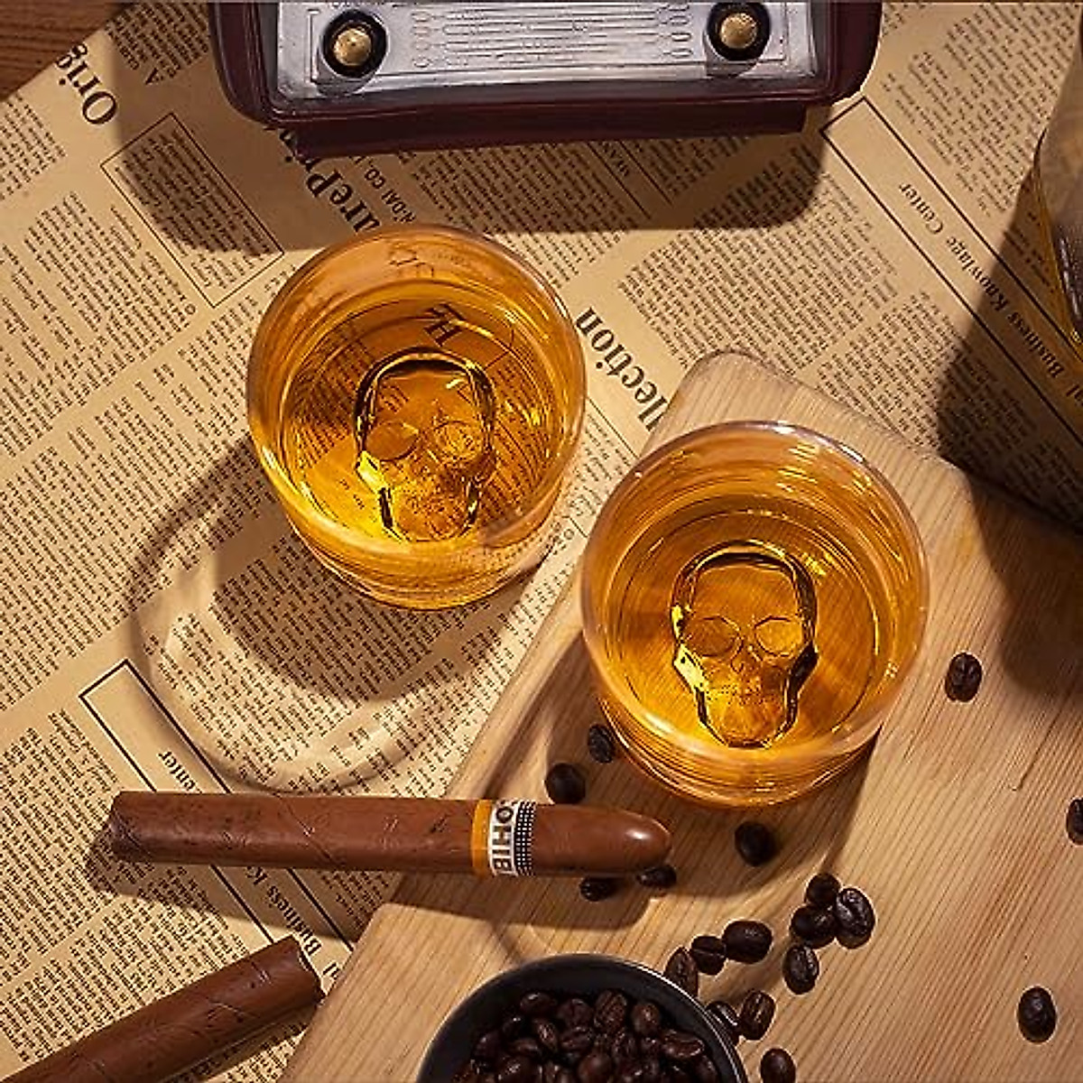 Skull Whiskey Rocks Glass, Crystal Bourbon Glasses Set of 2 In Gift Box - 10 Oz Old Fashioned Glasses for Scotch Cocktail Rum Cognac Vodka Liquor, Halloween, Christmas,Thanksgiving Gifts for Men