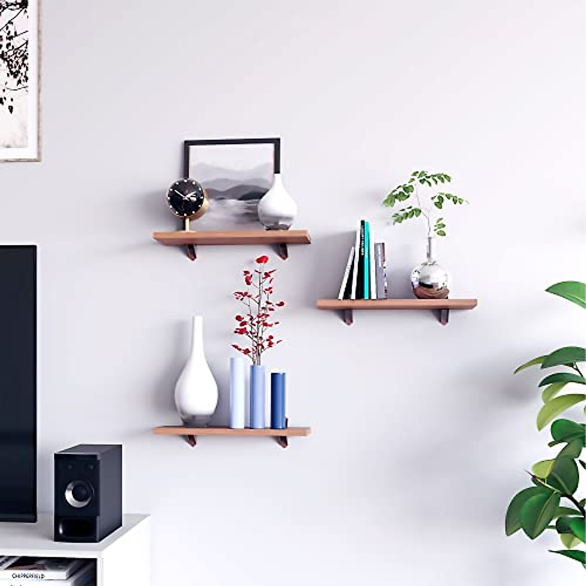 PLAYCON Easy Wall Mounted Floating Shelves Set of 3, for Office/Bedroom/Living Room/Media Room/Kitchen/Bathroom/Laundry Room/Storage, Innovative Textured PVC Finishing Walnut Wood Veneer Looking