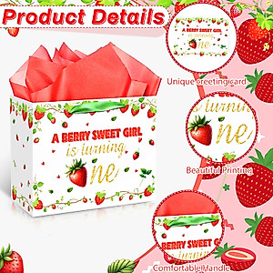 Baby Girl 1st Birthday Gift Bag A Berry Sweet Girl is Turning One Gift Bag Strawberry 1st Birthday Wrapping Bag with Tissue Paper and Card for Sweet Baby Girl Baby Shower Red Berry Birthday Christmas Party Supplies