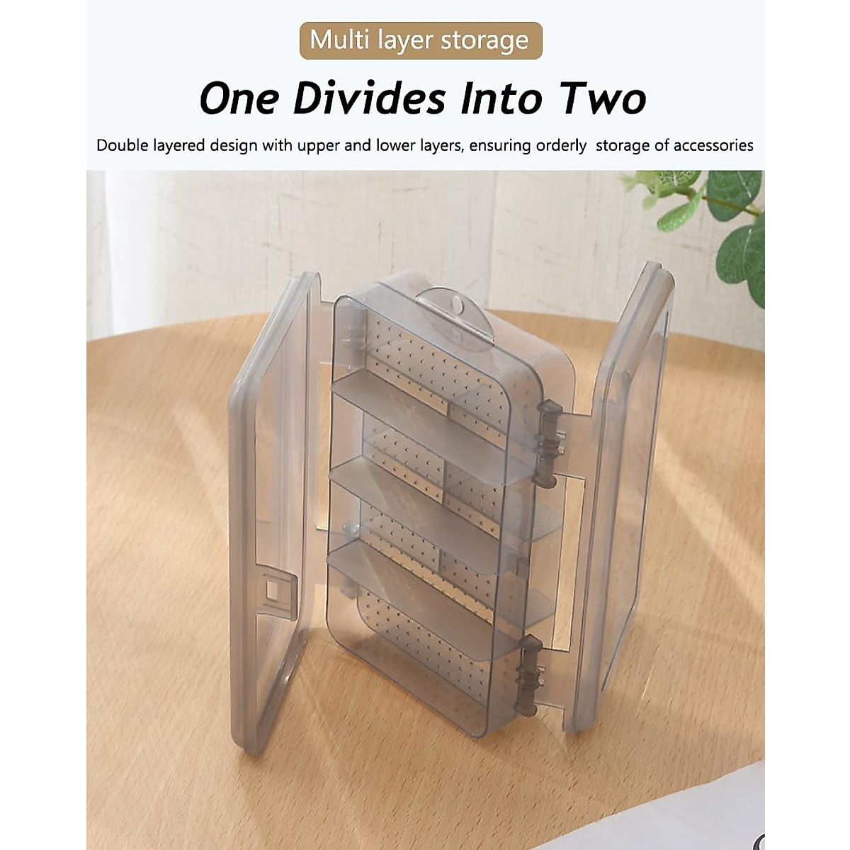 AKOAK 1 Pack Double Compartment Portable Jewelry Box Plastic Transparent Earrings Storage Box 10 Grid Mini Storage Box (Transparent black)