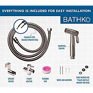 BATHKO Handheld Shattaf/Bidet Sprayer Set for Toilet - Jet Spray with Adjustable Pressure Control - Easy to Install with Leak Proof Technology - Stainless Steel Satin Finish Toilet Sprayer Kit
