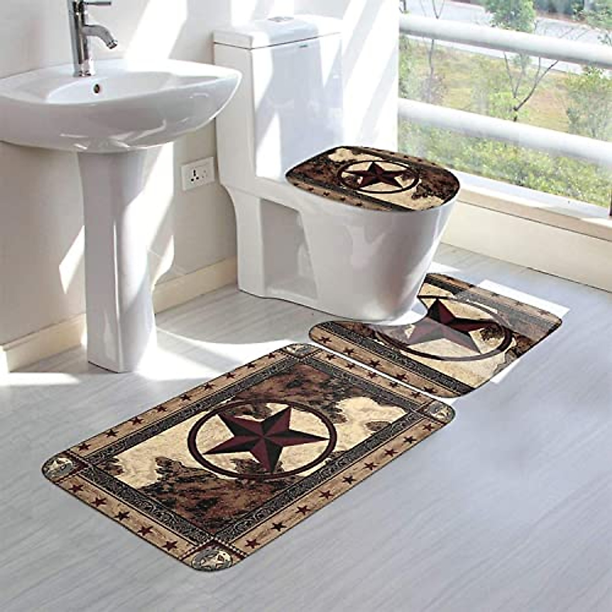 Giwawa Western Texas Star Bathroom Rugs Set 3 Piece with Non-Slip Bath Rugs Toilet Lid Cover U-Shaped Contour Toilet Mat Rustic Farmhouse Bath Mats for Bathroom
